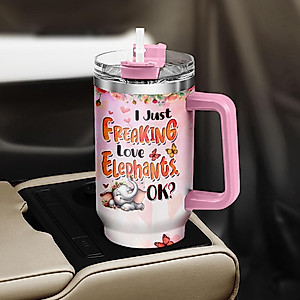 99WHALE Elephant Gifts, Tumbler 40 Oz With Handle Lid And Straw, Elephant Floral, Insulated Simple Stainless Primrose Coffee Parade Flower Red Heart Quartz Yellow Steel Camelia