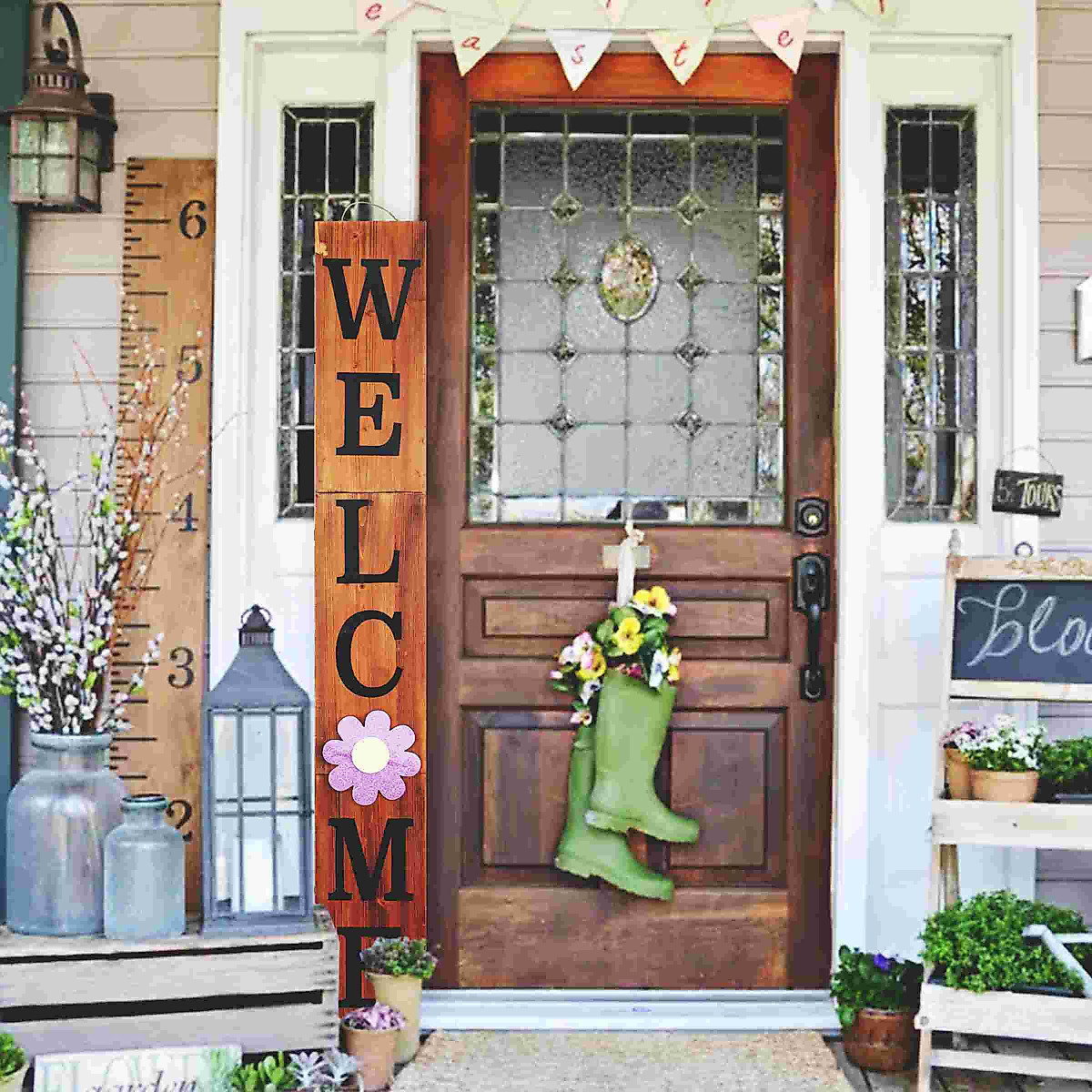 72in Outdoor Welcome Sign for Front Porch Decor, Interchangeable Seasonal Icons Vertical Welcome Sign, Modern Farmhouse Decor for The Home, Wooden Welcome Sign Rustic Brown (9.5" W x 72" H)