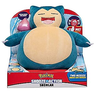 Pokemon Snooze Action Snorlax Plush, 10-Inch Plush Toy - Features Over 20 Authentic Snorlax Sounds, with 2 Modes of Play: Asleep & Awake, Plus Vibrating Belly - Eats Pecha Berry (Included)
