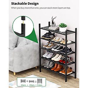 VOPOG Shoe Rack, 2-Tier Bamboo Shoe Rack for Front Door Entrance with Shoe Horn, Stackable Shoe Rack Organizer Shoe Shelf for Entryway, Hallway, Bathroom, and Closet Shoe Organizer - Black