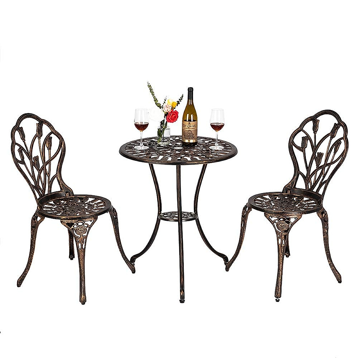 Bonnlo Patio Bistro Sets 3 Piece Cast Aluminum Bistro Table and Chairs, Rust Resistant Outdoor Bistro Set Patio Table and Chairs Tulip Design