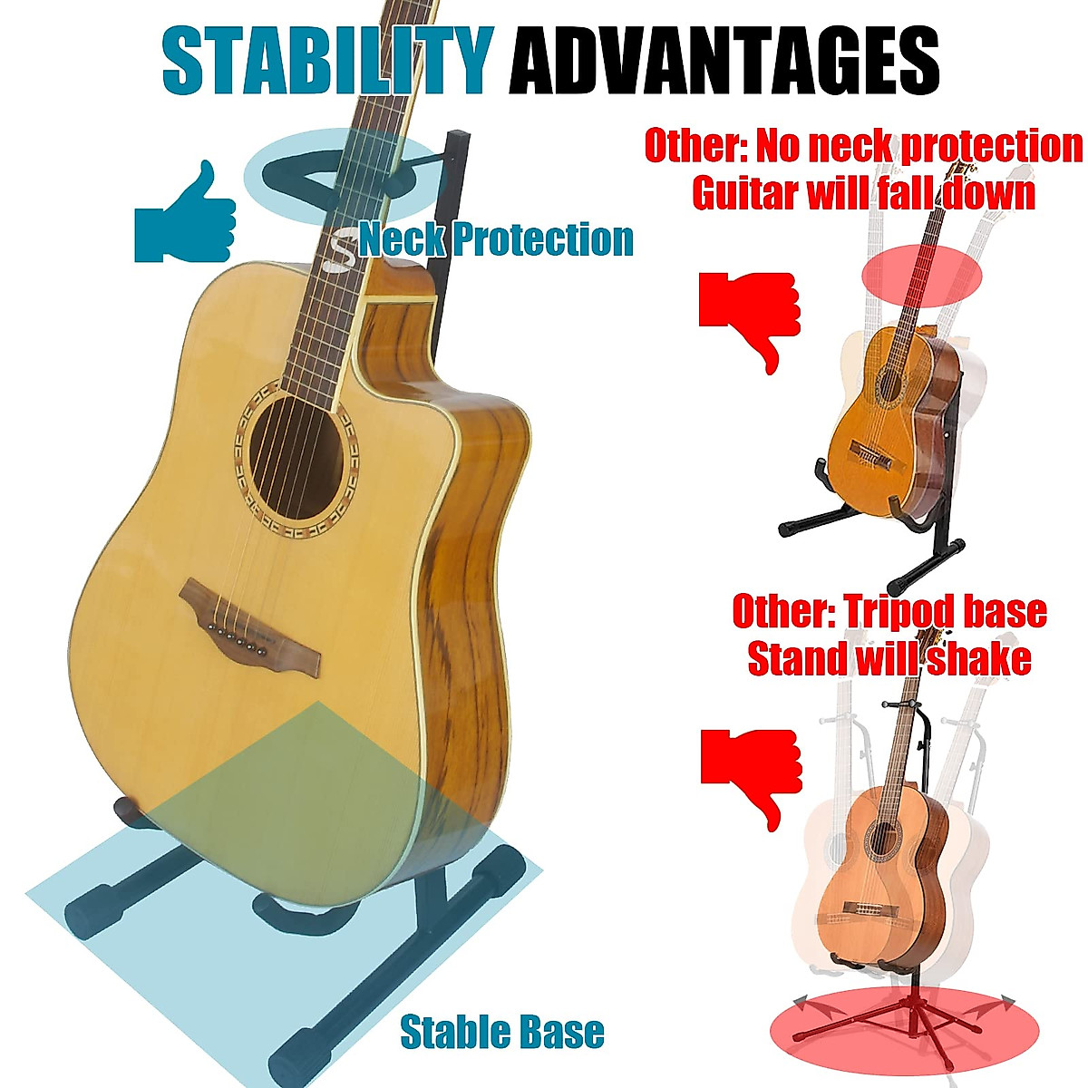 GLEAM Guitar Stand - Stable for Pet Owners and Children at Home Folding Acoustic Electric Classic Guitars Bass and Banjo Stand Adjust Height from 13'' to 25'' with Neck Holder Black