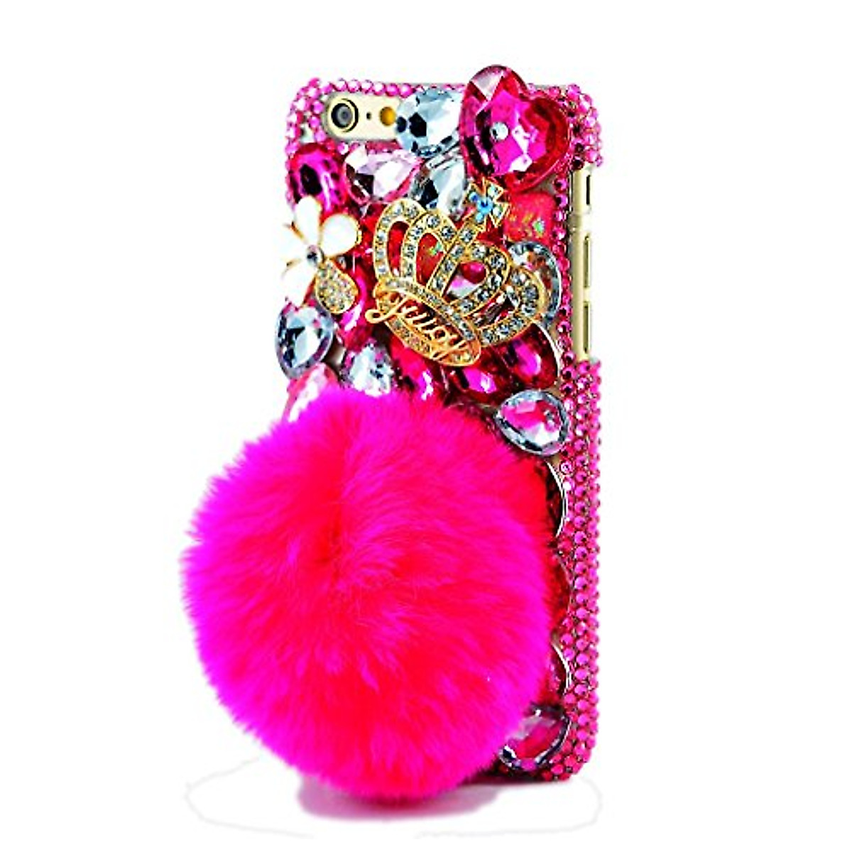 STENES iPod Touch (6th Generation) Case - Luxurious Crystal 3D Handmade Sparkle Diamond Rhinestone Clear Cover with Retro Bowknot Anti Dust Plug - Crown Rabbit Villus Tail/Hot Pink