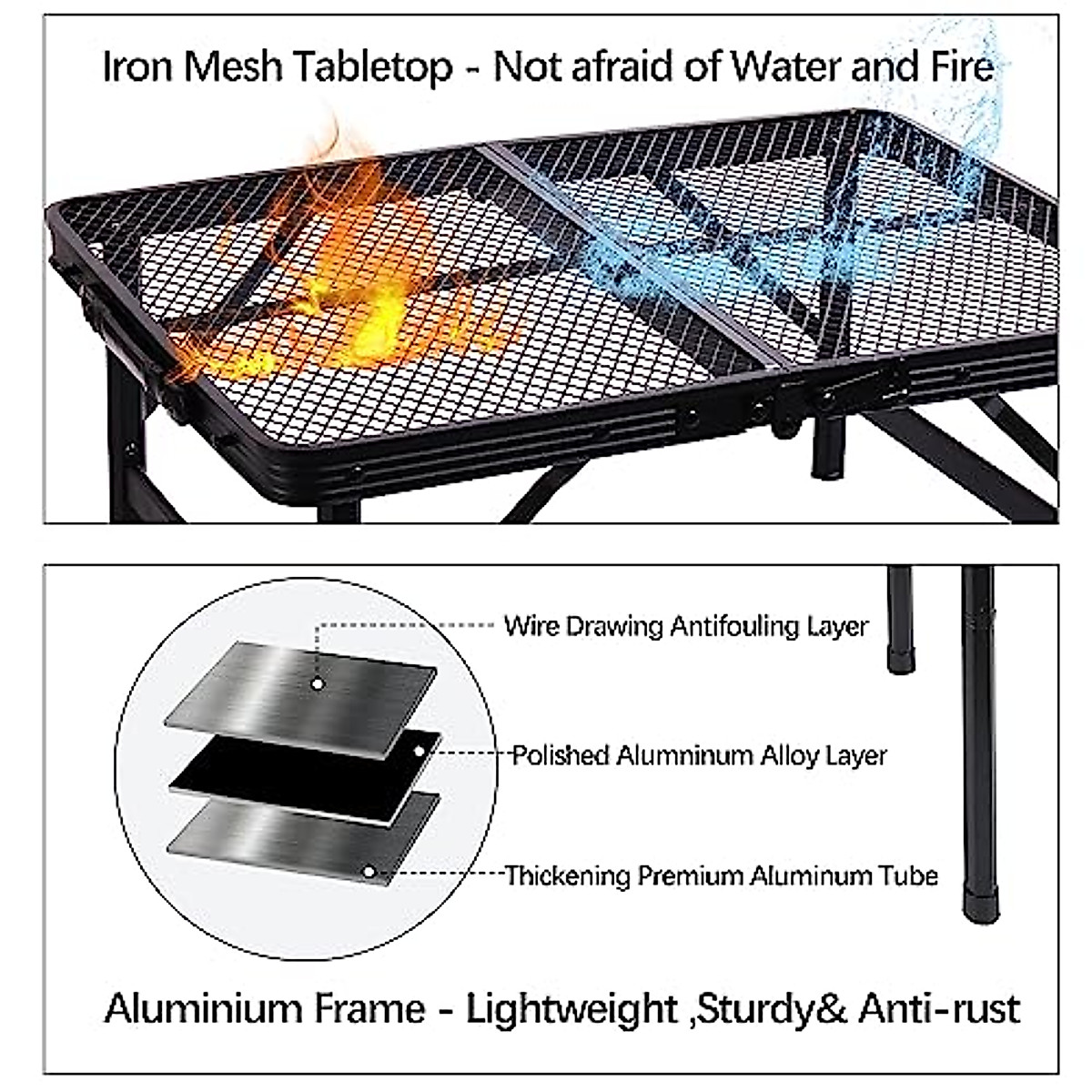ALZEROOE Metal Camping Picnic FoldingTable, Portable Grill BBQ Side Table- Lightweight, Compact & Height Adjustable Collapsible Patio Outdoor Table