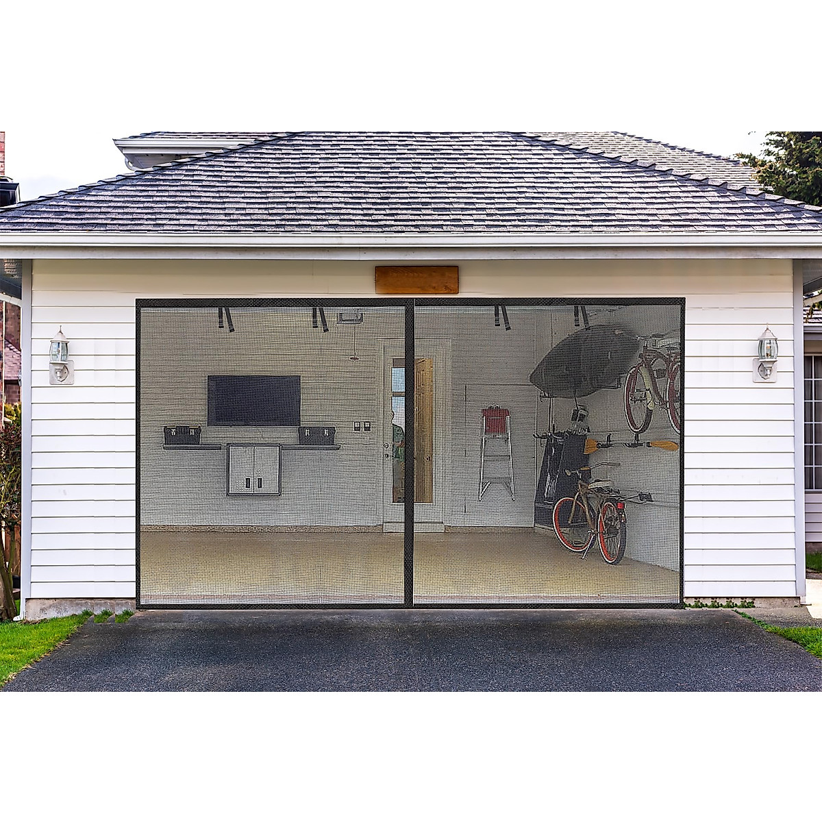 Garage Screen Doors for 1 Car Garage-9x7ft Fiberglass 1500g/3.3lb Durable Heavy Duty Magnetic Garage Door Screen RetractableHands Free with 4 Roll Up Starps for Patio Workshop Home Gym Sun Room