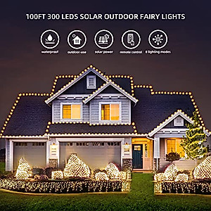 SUNILLUMA Outdoor Solar Fairy Lights - 300 LED 100FT Strong PVC Wire with 8 Functions by Remote, Waterproof, Warm White Lights and Transparent Wire, Great for Party, Garden and Holiday Decoration