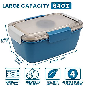 Bugucat Bento Box 64OZ, Lunch Box Salad Lunch Container with Yogurt Box and 4 Compartment Tray, Salad Bowl with Dressing Container, Built-in Reusable spoon Meal Prep to Go Containers for Fruit Snack