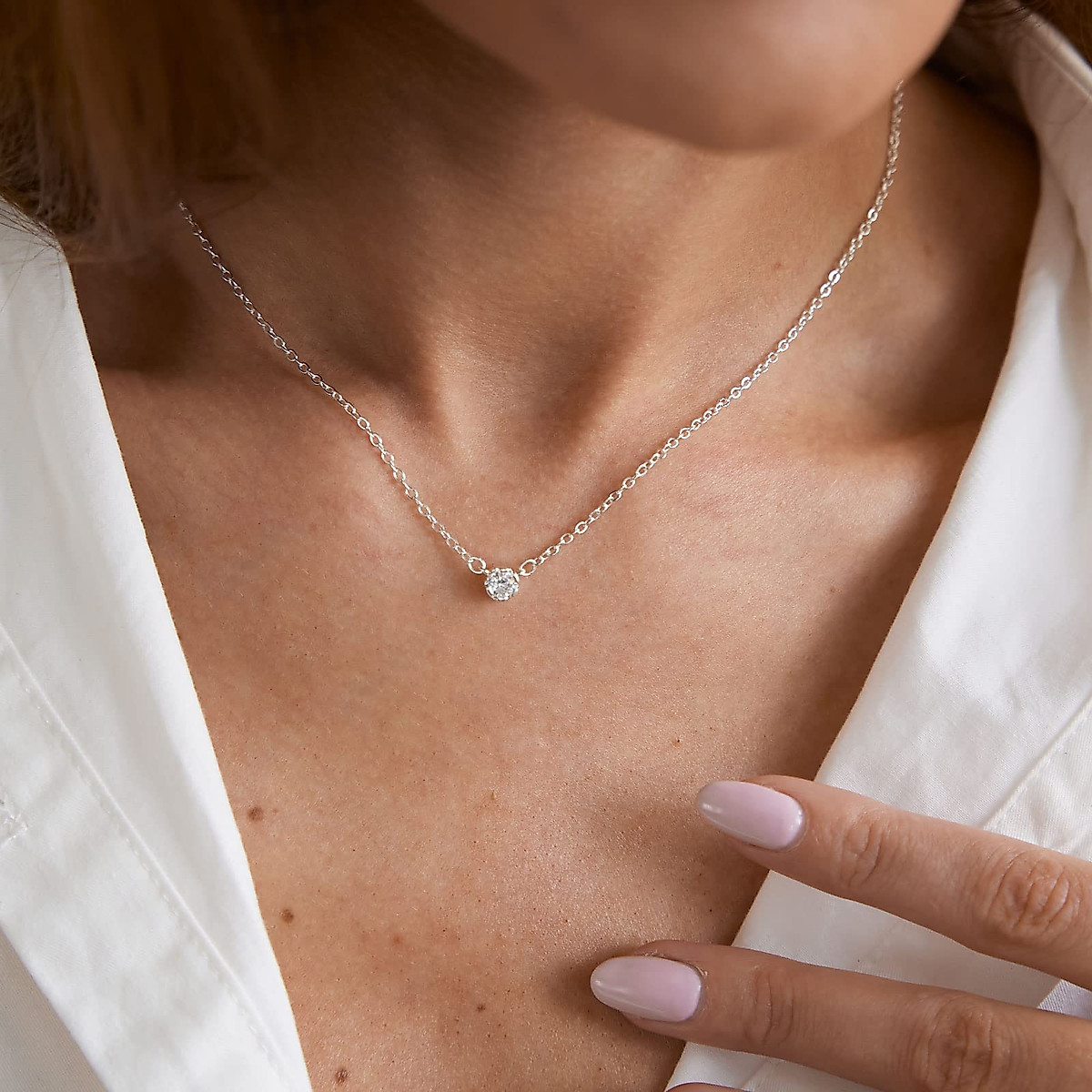 MIDEEO Silver CZ Diamond Necklace for Women Dainty Cubic Zirconia Solitaire Pendant Necklace Silver Plated Tiny CZ Simulated Diamond Necklaces Delicate Minimalist Jewelry Gifts