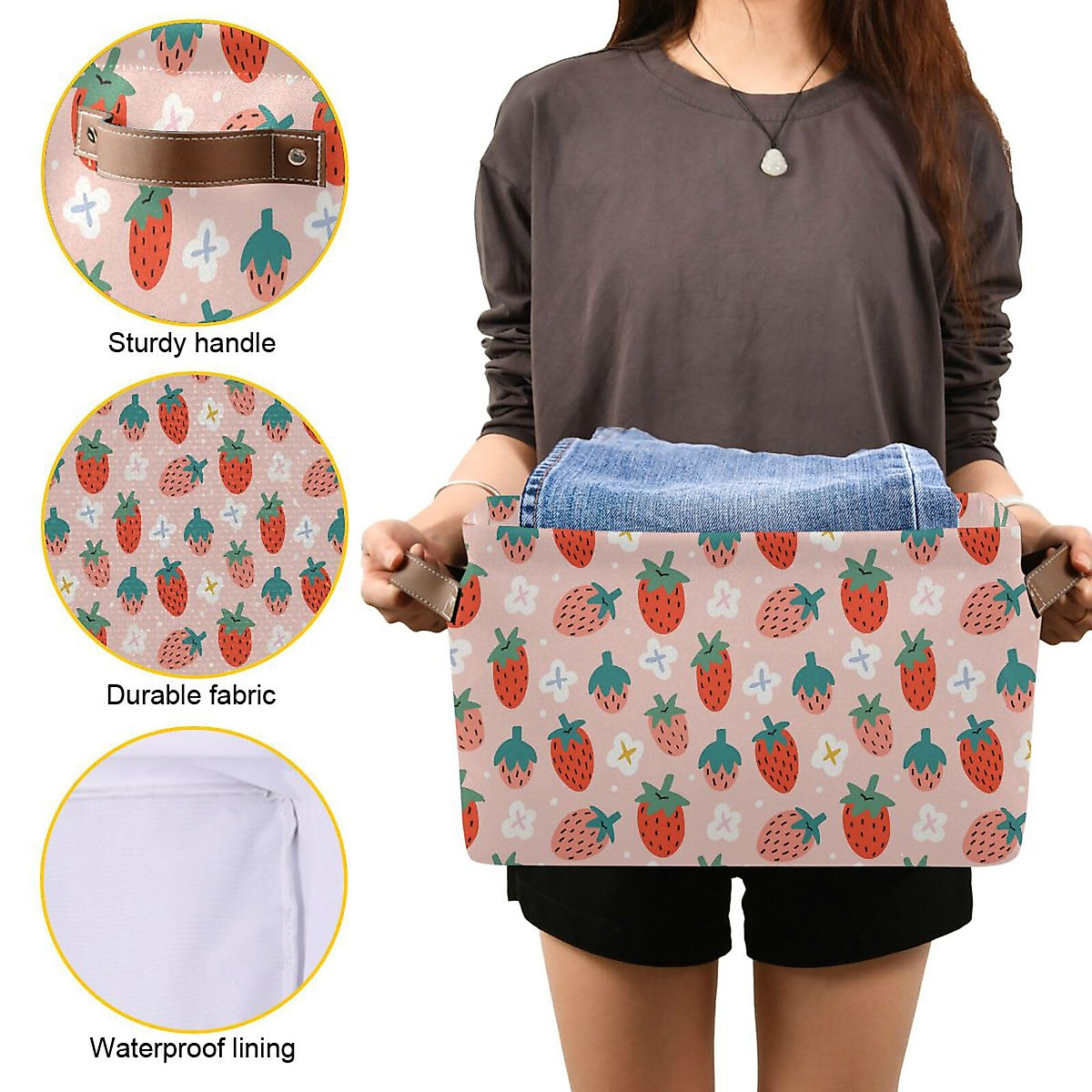 YETTASBIN Cute Strawberry Storage Basket 1pc, Large Collapsible Toys Clothes Organizer, Durable Canvas Storage Bin with Handle for Shelves Closet Laundry Home Office Decor