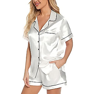 Satin Pajamas Women’s Short Sleeve Sleepwear Silk Soft Button Down Loungewear Pjs Set White M