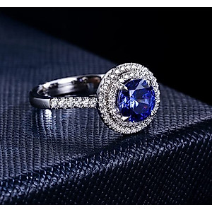 Intershine 925 Sterling Silver 14K White Gold Finish Prong Set 0.75 cts Round Cut Created blue Sapphire Gemstone Halo Ring for Women size-7.5