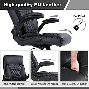 Executive Office Chair, Ergonomic Home Office Desk Chairs, PU Leather Computer Chair with Lumbar Support, Flip-up Armrests and Adjustable Height, Youchauchair High Back Work Chair, Black
