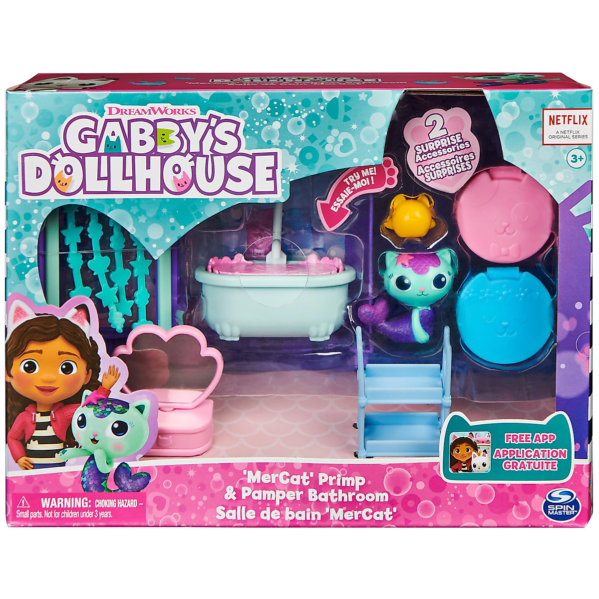 Gabby’s Dollhouse, Primp and Pamper Bathroom with Mercat Figure, 3 Accessories, 3 Furniture and 2 Deliveries, Kids Toys for Ages 3 and up