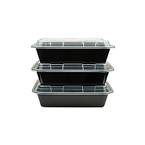 Sunrise Pak [100 Sets] 48oz Square Meal Prep Containers, Black Plastic Containers, To Go Container, Bento Box, Lunch Box, Food Storage Container, BPA Free, Reusable (SR8148B)