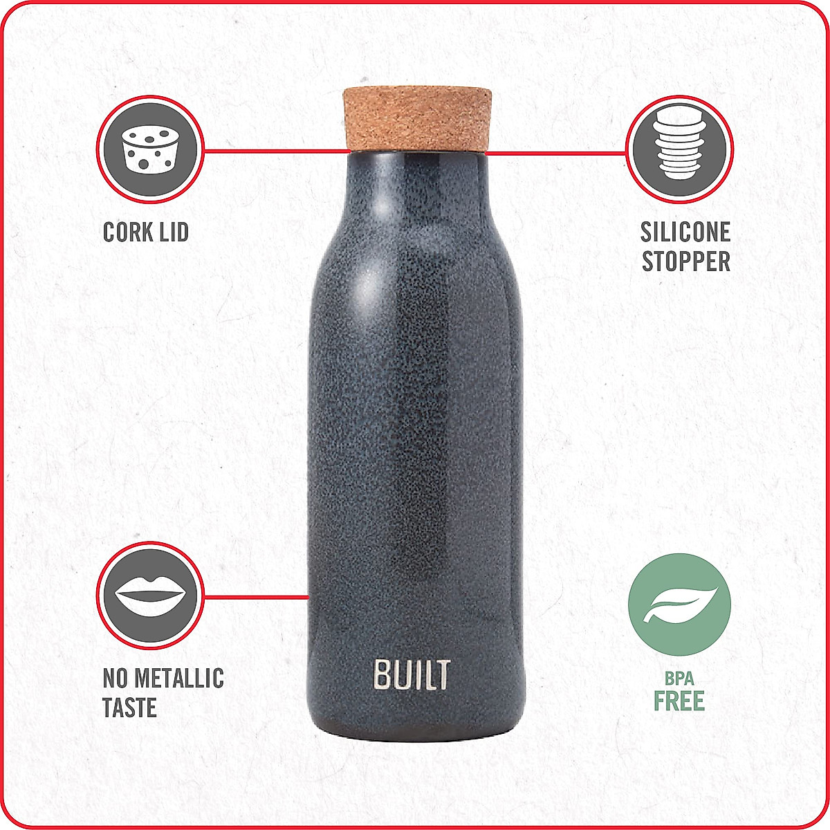 BUILT Ceramic Water Bottle with Cork Lid, 17-Ounce, Green Reactive