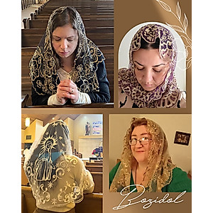 Bozidol Triangle Church Mantilla Veil Catholic Mass Chapel Lace Veil Religious Christian Gift for Women (Purple-Gold)