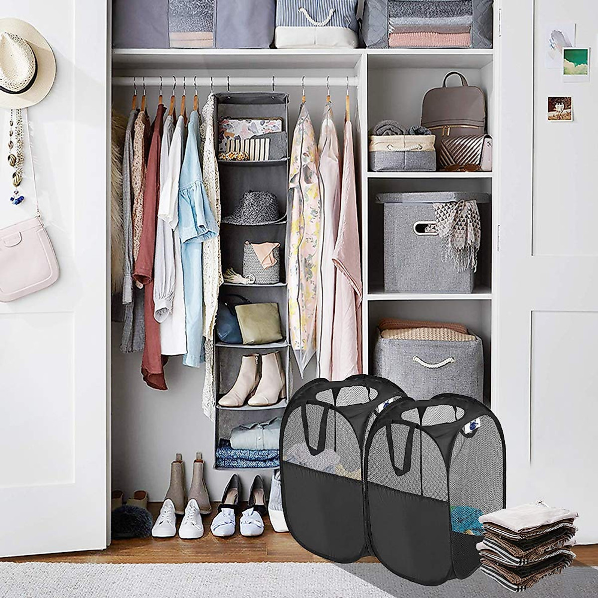 SPINFOX Pop Up Collapsible Laundry Baskets, 2 Pack Foldable Mesh Popup Laundry Hamper with Reinforced Carry Handles, Mesh Laundry Basket for Kids Room College Dorm or Travel(Black)