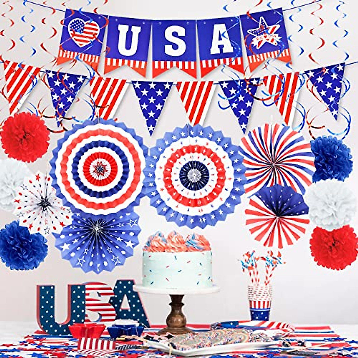 27 Pieces 4th of July Decorations Set, Red White Blue American Flag Hanging Honeycomb Paper Fans, Pom Poms, Swirls, Love USA Banner, Star Garland Patriotic Independence Day Outdoor Party Supplies