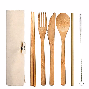 ccHuDE 6 Pcs Bamboo Travel Cutlery Knife Fork Spoon Chopsticks Straw Brush Set Bamboo Utensils Camping Flatware Set