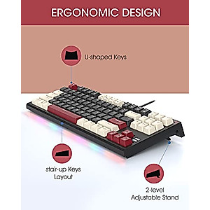 Compact 80% Mechanical Gaming Keyboard, Wired tkl Keyboard with Yellow Switches, Ergonomic Design Retro Style Gaming Keyboard with Rainbow Led Backlit for Windows PC Mac, Black & White