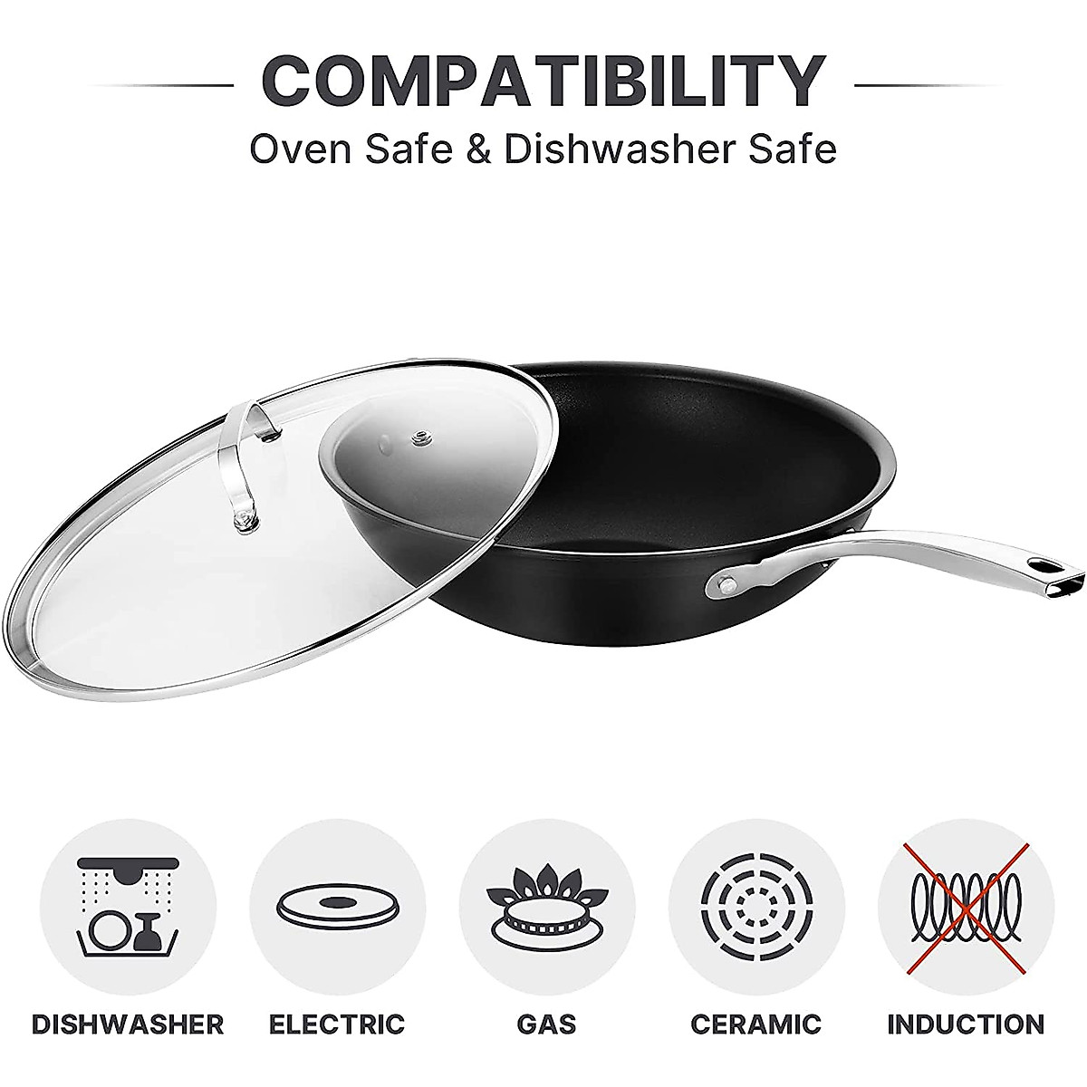 Qstar 12 inch Hard-Anodized Nonstick Wok Stir-Fry Pan with Lid and Stainless Steel Handle, Flat Base Pan, Dishwasher Safe