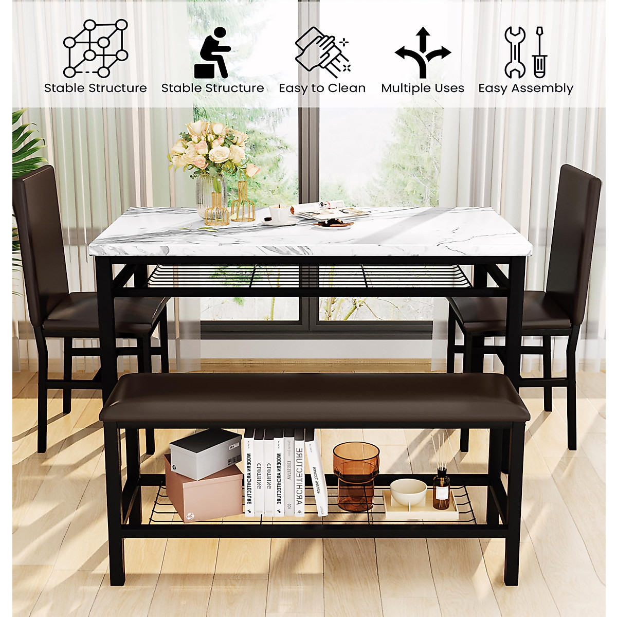 AWQM Dining Table Set for 4 with Bench and Chairs,Faux Mable Small Kitchen Table and Chairs for 4 w/Storage Rack, Dining Room Table Set for Small Spaces, Apartment,White+Brown