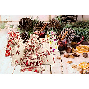 Christmas Burlap Bags with Drawstring, 5 x 7 Inch Christmas Favor Bags Jewelry Candy Pouches Sacks, Mini Storage Bag for Wedding Christmas Festive Candy Goody Storage DIY Craft - 12 Pcs