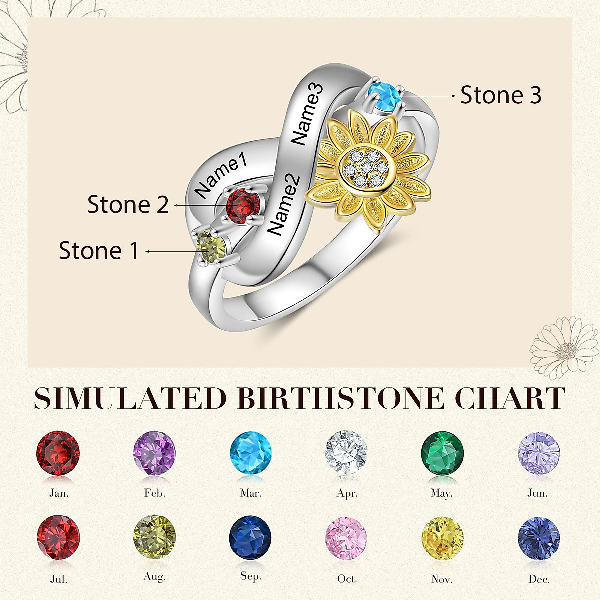 Sunflower Promise Ring for Women Personalized Infinity Ring with Simulated Birthstones Custom Name Engagement Rings Jewelry Gifts for Mom Wife Her(3 Stone,6)