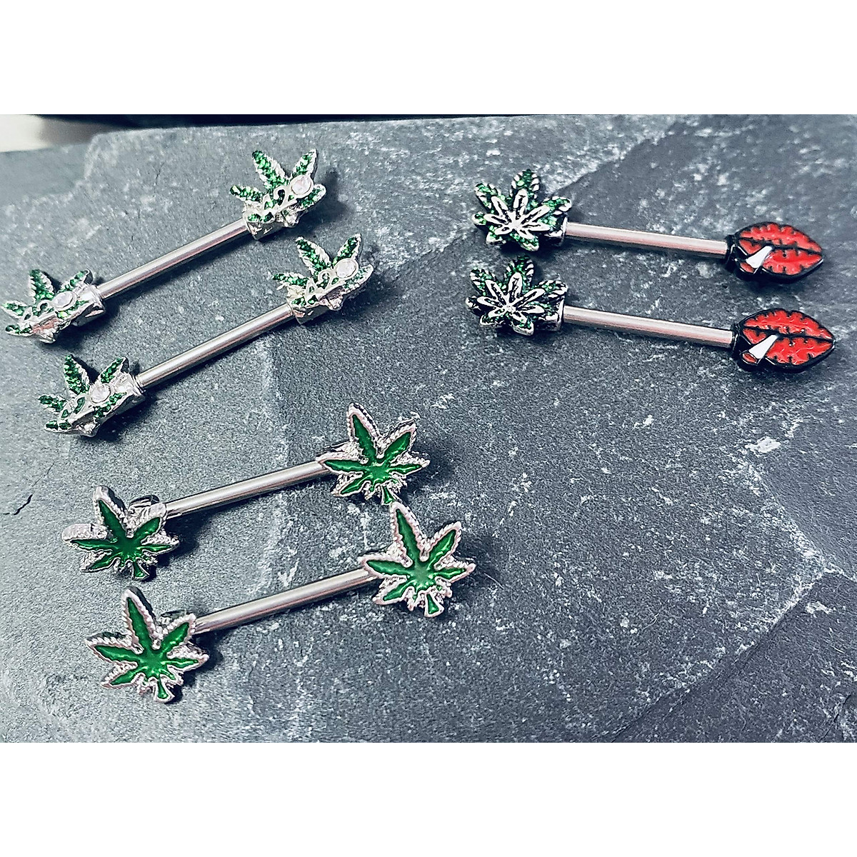 Pierce2GO 3 Pair Set: 1 pair of Silver ad Green 4/20 Symbol Pot Leaf Nipple Rings; 1 pair of Marijuana Weed Nipple rings; 1 pair of Lips Smoking Marijuana Leaf Nipple Rings