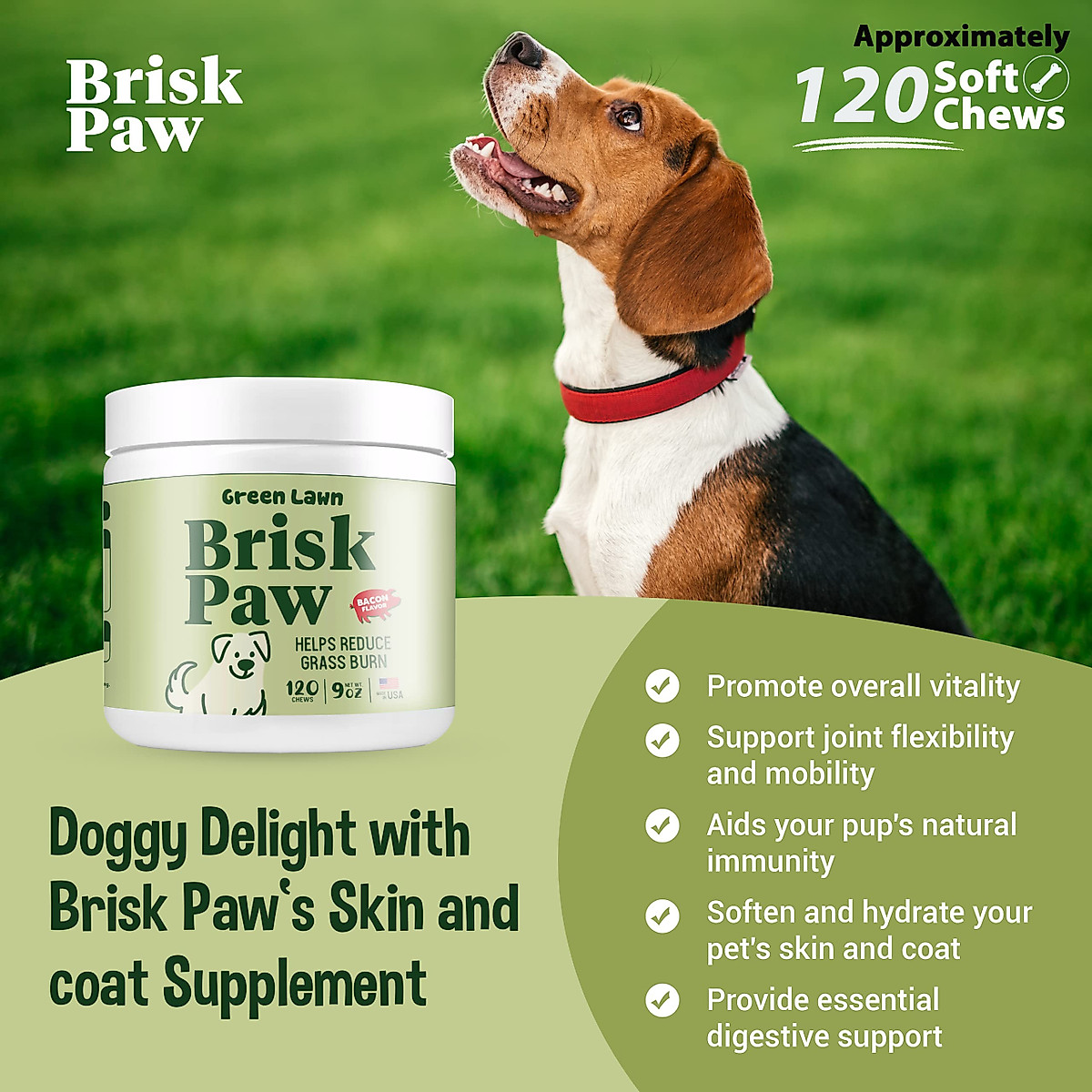 Brisk Paw Green Lawn Dog Vitamins and Supplements | Enriched with Dog Probiotic, Cranberry, and Spirulina | Dog Urine Neutralizer for Grass and Help Yellow Burn Spots | 120 Dog Chews
