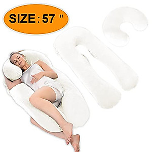 MANDZIXIN Pregnancy Pillow, Maternity Body Pillow with Velvet Separate Support Pillow and Removable Cover,Side Sleeping and Back Hips, Legs, Belly Support for Pregnant Women (White, U Shaped)