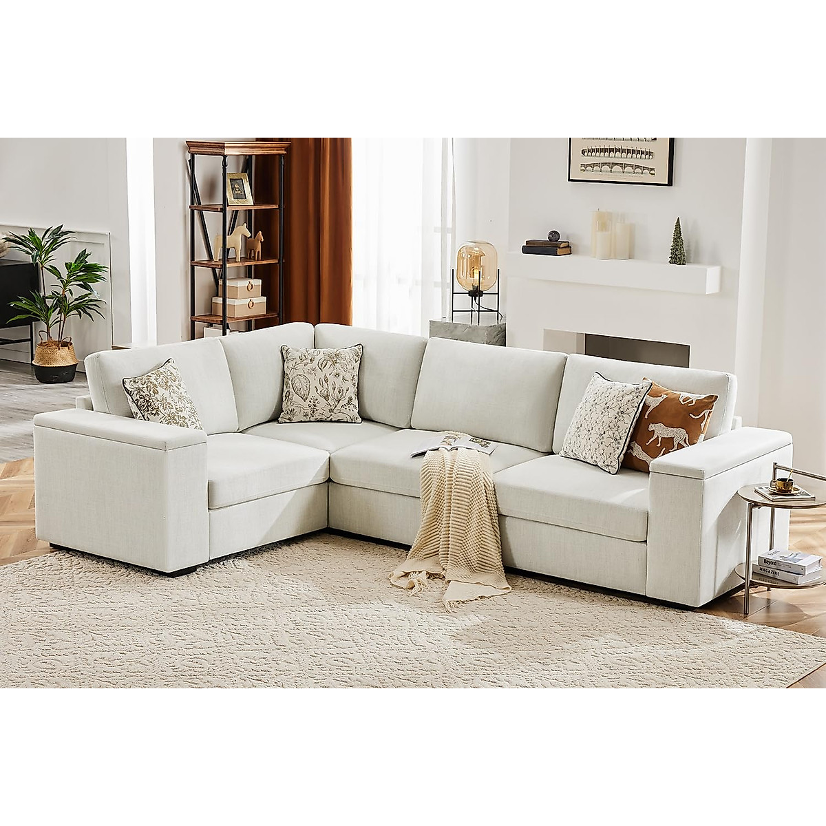 ABCASA 112" Modular Sectional Sofa Couch with Detachable Sofa Cover & Storage Armrest,L Shaped Couch for Living Room,Linen Fabric Corner Couch(5 Seater Sofa,Ivory)