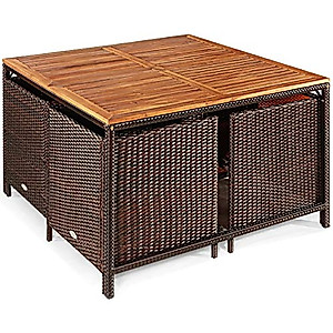 HAPPYGRILL 9PCS Patio Dining Set Outdoor Dining Furniture Set with Cushioned Seating, Space-Saving Dining Table with Acacia Wood Tabletop Wicker Chair and Ottoman Sets for Backyard Garden Poolside