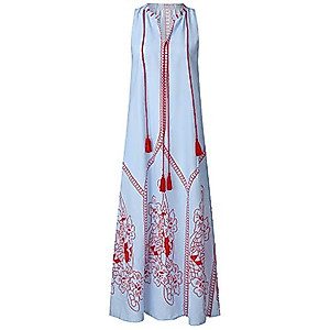Womens Sundress Long Women Vintage Daily Casual Sleeveless Cotton-Blend Printed Floral Daily Wear Dresses for Women Blue