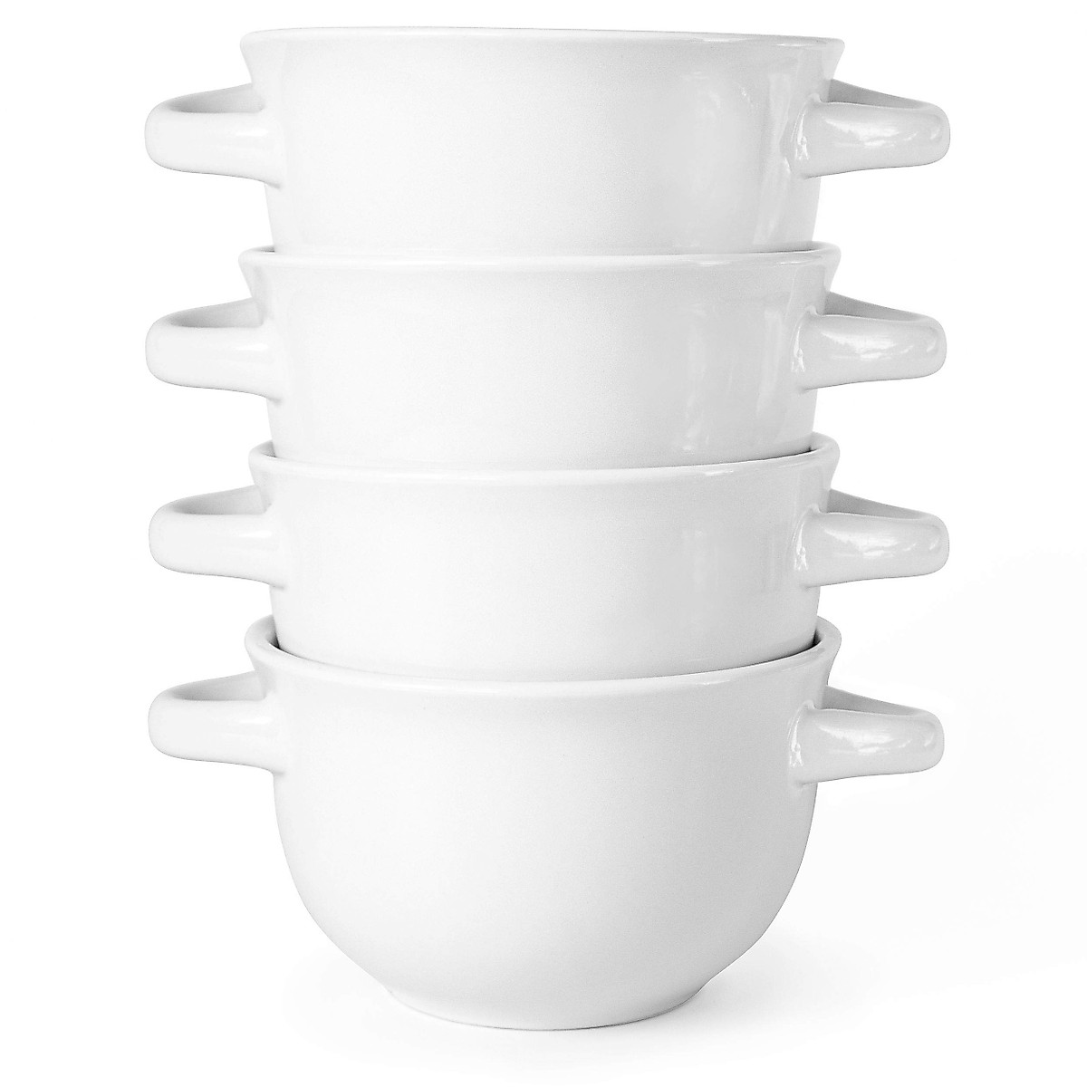 KooK Soup Bowls, French Onion Soup Bowls, Soup Crocks, Oven Safe Bowls, Soup Mugs, Ceramic Bowls with Handles, for Rice, Dessert, Pasta, Dishwasher, Microwave, Set of 4, 18 Oz (White)