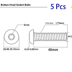 M12-1.75 x 40mm Button Head Socket Cap Screws, 10.9 Grade Alloy Steel, Allen Socket Drive, Black Oxide Finish, Full Thread (10.9 Grade,5 Pcs)