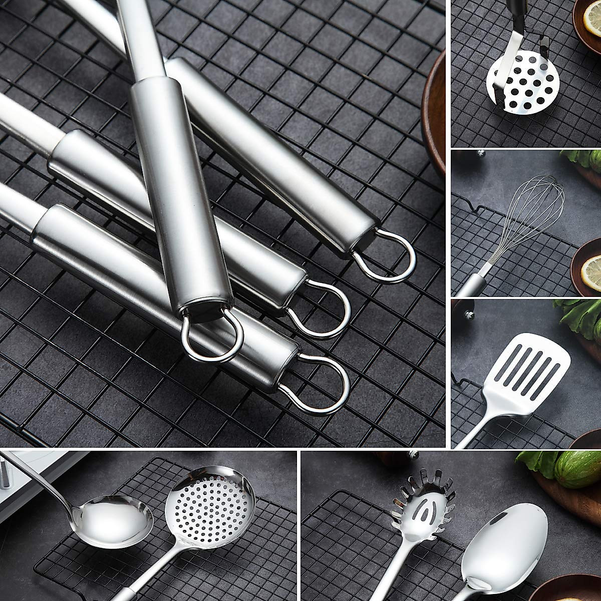 Berglander Cooking Utensil Set 13 Piece Stainless Steel Kitchen Tool Set with Holder, Include Cooking Spoon, Spatula, Whisk, Cooking Tong and etc. (13 Pieces)