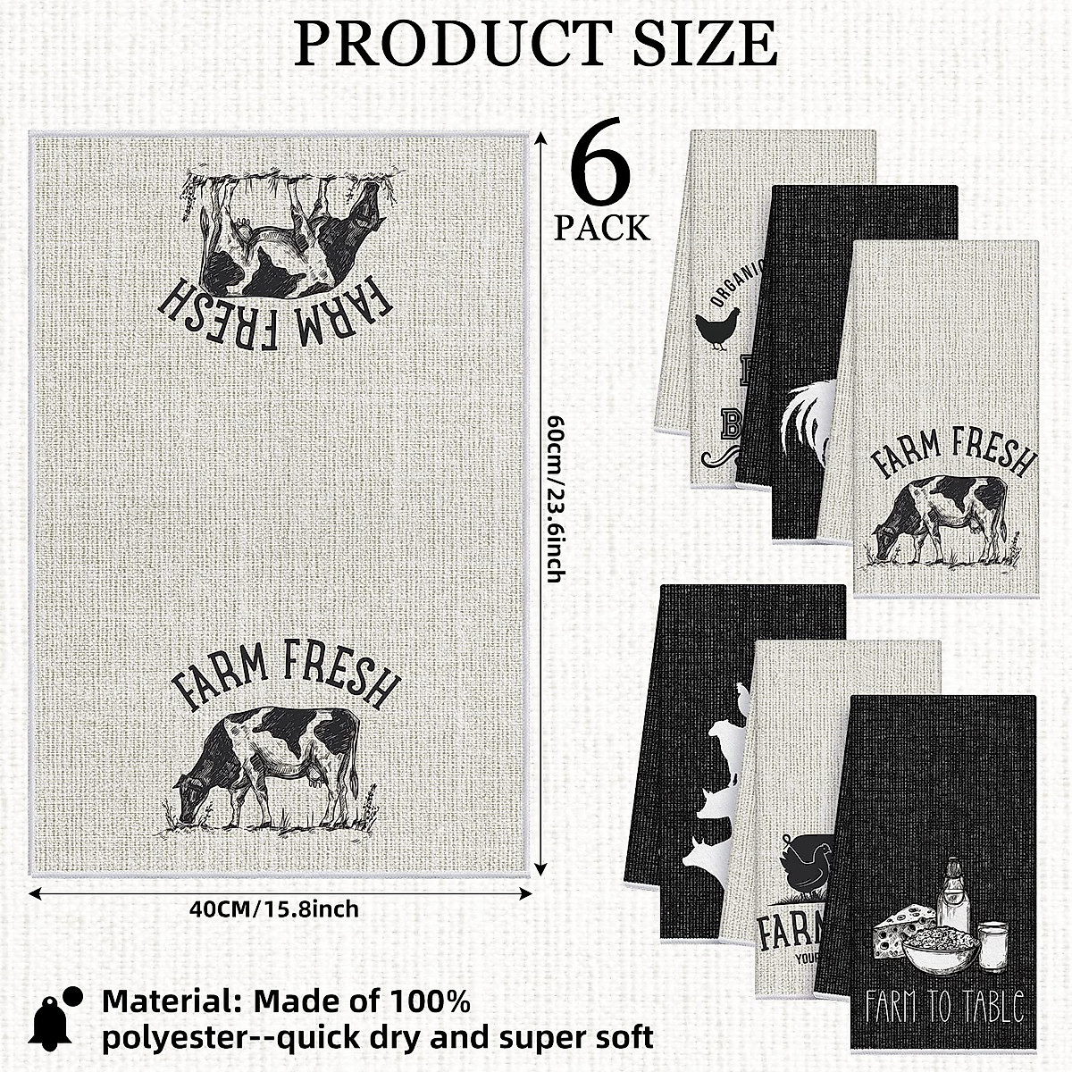 Redbaker 6 Pcs Farm Animal Theme Kitchen Towels Farmhouse Funny Dish Towel Rustic Hand Towels Rooster Cow Pig Decorative Tea Towels Absorbent with Hanging Loop for Kitchen Bathroom Housewarming Gift