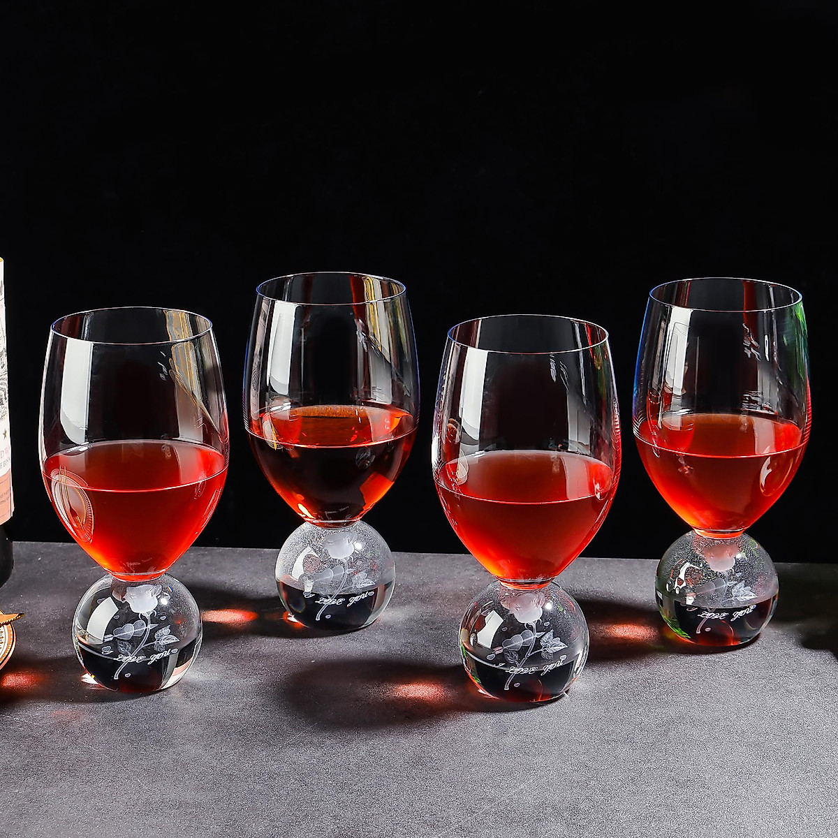 Hanjue Wine Glasses Set of 4, 16oz Red Wine Glasses, 3D Inner Carving Rose Ball Base, Lead-free Glass,Ideal for Red Wine or White Wine, Unique Design Wine Glasses