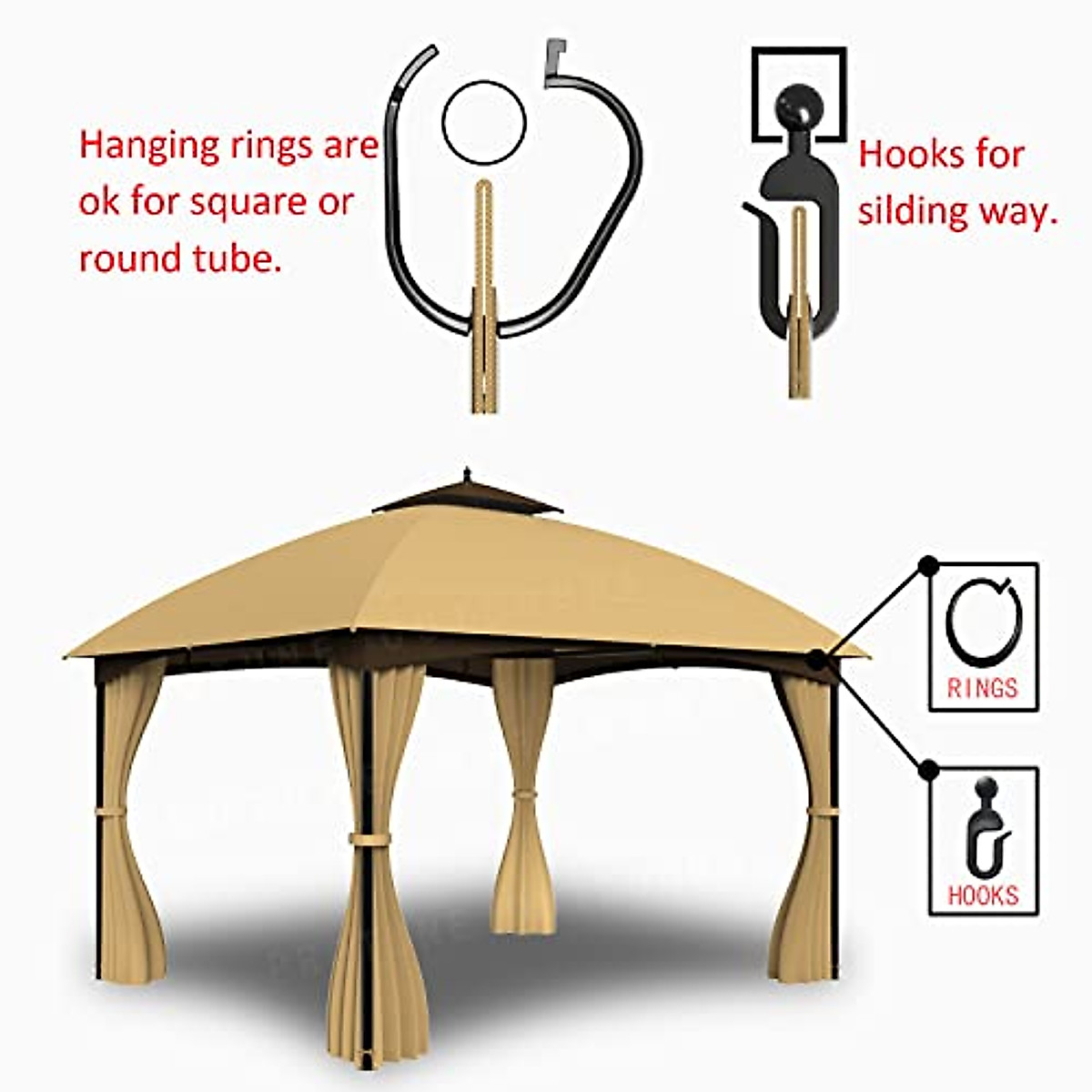 PROTUNE OUTDOORS 10-ft x 12-ft Gazebo Curtains,Privacy Sidewall Set 4-Panel Universal Replacement Shade Curtains Set,Protecting Side Walls (Only Curtain)-Khaki