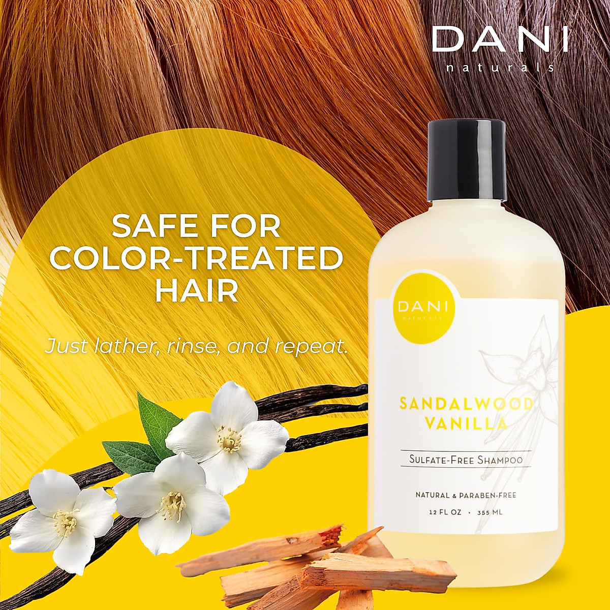 DANI Natural Moisturizing Shampoo Naturals - Warm Sandalwood Vanilla Essential Oil - Organic Aloe Vera & Coconut Cleansers - Sulfate, Phthalate & Paraben Free - Vegan & Cruelty Free - 12 Ounces
