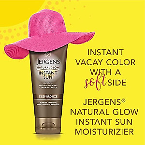 Jergens Natural Glow Instant Sun Sunless Tanning Moisturizer + Bronzer, Self Tanner, Deep Bronze, for Natural-Looking Tan, 6 Ounce