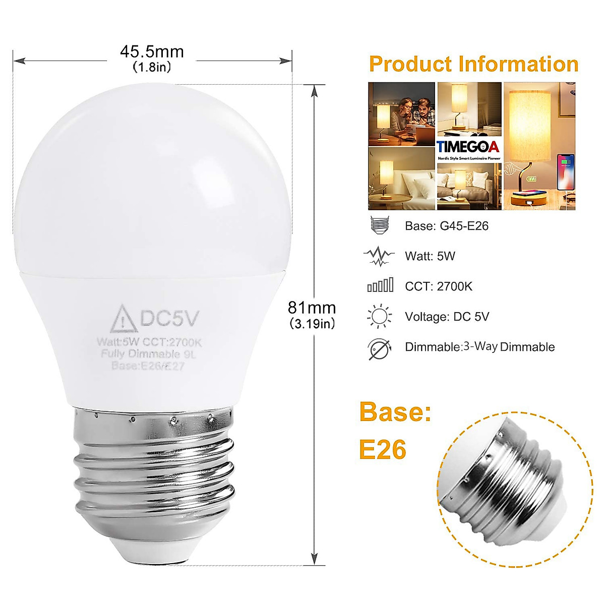 TIMEGOA Safety Low Voltage 5V 5W 3-Way Dimmable LED Light Bulb, G45 E26 E27 Base Energy-Saving Bulb, 60W Equivalent, 400 Lumens A19 Bulb, 3000K LED Bulb, 2 Pack