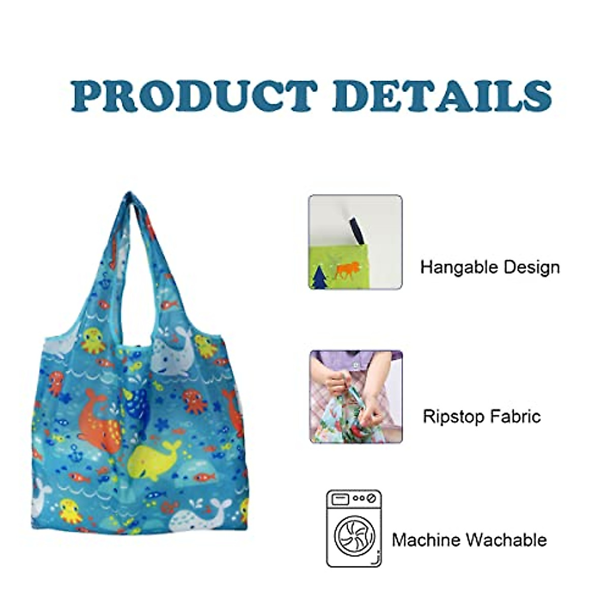 Reusable Shopping Bags Foldable Large Bulk Bag for Grocery, Machine Washable Durable Durable Grocery Bags Ripstop Nylon Tote Bags Waterproof & Lightweight, 4 Pack