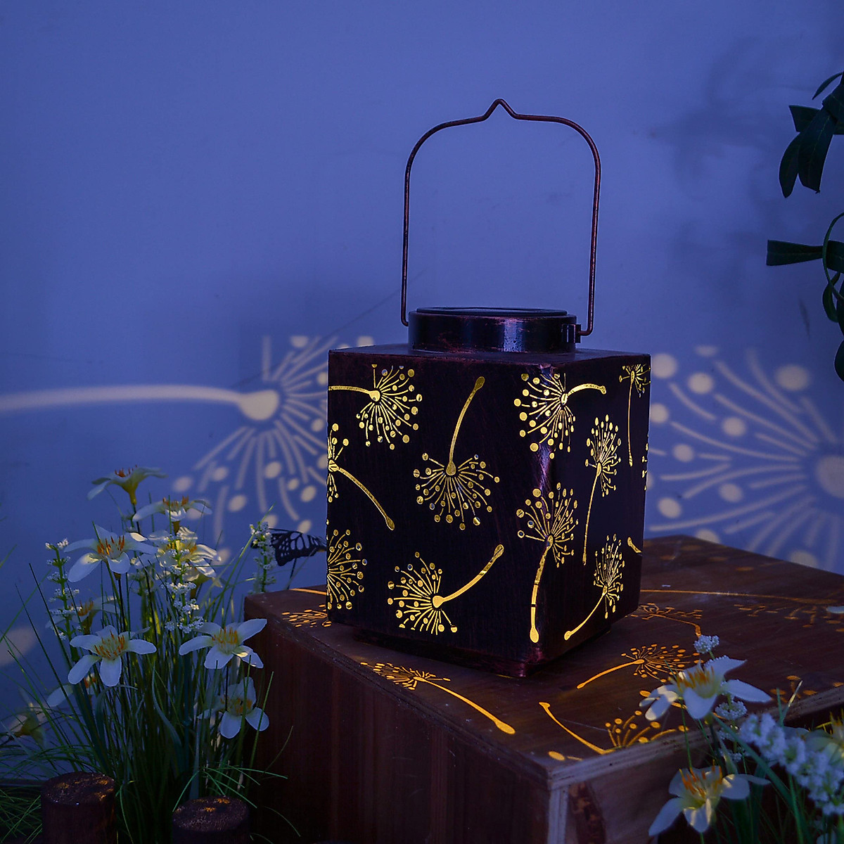 Elfengarden 36 Inch Solar Lantern with Shepherd Hooks - Metal Lanterns Decorative Warm White LED Light - Waterproof Powered Hanging for Patio Garden Pathway [Dandelion-B]