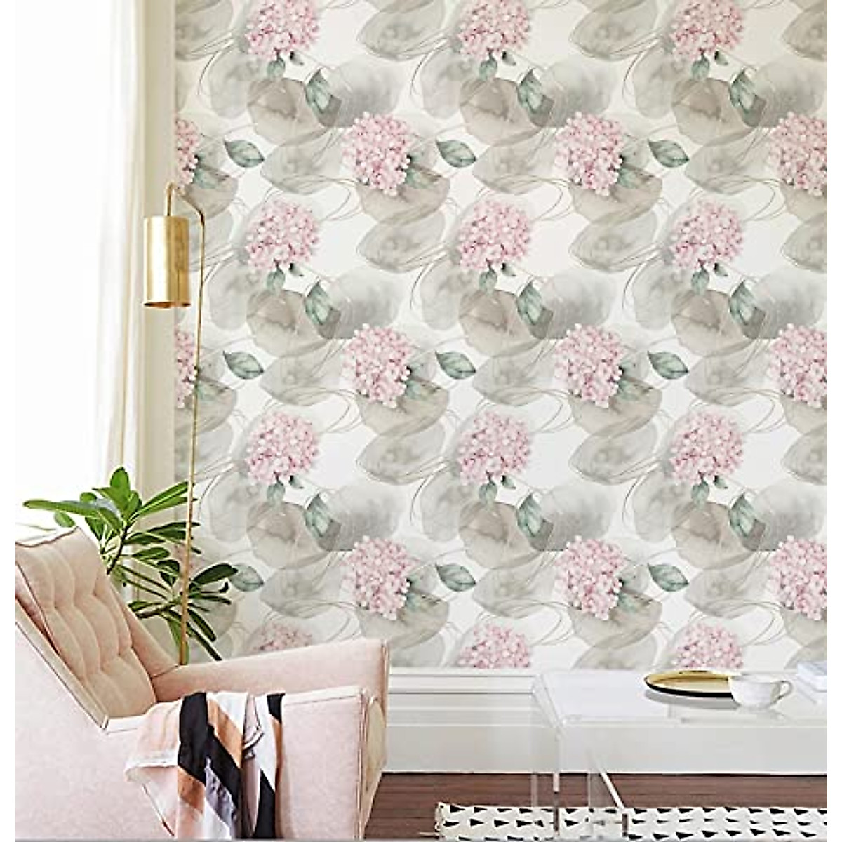 HAOKHOME 93164 Abstract Nordic Peel and Stick Wallpaper Geometric Hydrangea Floral White/Grey/Pink Stick on Home Decor 17.7in x 118in