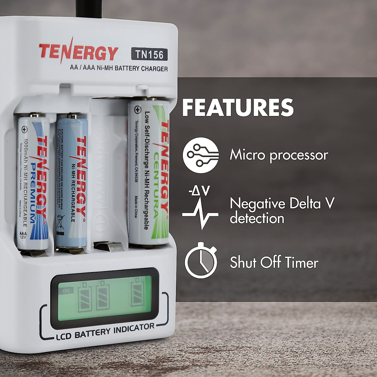 Tenergy TN156 4-Bay Compact AA/AAA NiMH NiCD LCD Battery Charger, Ideal Charger for AA and AAA Size Rechargeable Batteries for Everyday Electronics