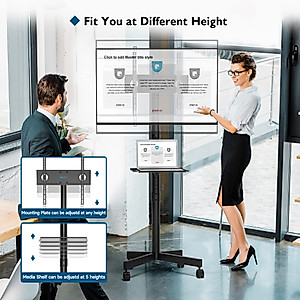 Mobile TV Cart for 23-60 Inch LED LCD Flat Curved Panel Screens TVs, Rolling TV Stand with Wheels Holds Up to 55lbs, Height Adjustable Portable Floor Stand with Media Shelf Tray, Max VESA 400x400mm