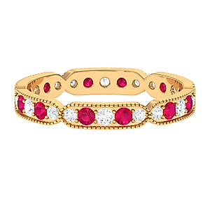 Rosec Jewels 1.25 CT Ruby and Diamond Full Eternity Ring, Ruby and Diamond Gold Full Eternity Ring, Gold Milgrain Eternity Ring with Ruby, 14K Yellow Gold, Size:US 12.00