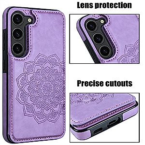 MMHUO for Samsung Galaxy S23 Case with Card Holder,Flower Magnetic Back Flip Case for Samsung Galaxy S23 Wallet Case for Women,Protective Case Phone Case for Samsung Galaxy S23 5G (2023),Purple